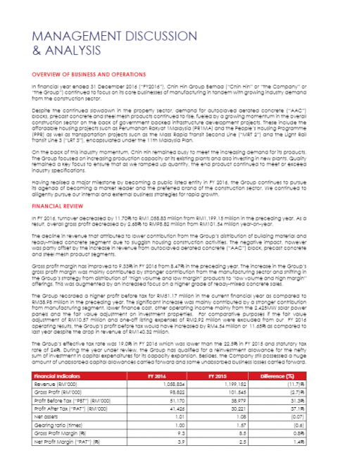 Key Messages Management Discussion & Analysis - Chin Hin Group Berhad Key Messages Management Discussion & Analysis - Chin Hin Group Berhad